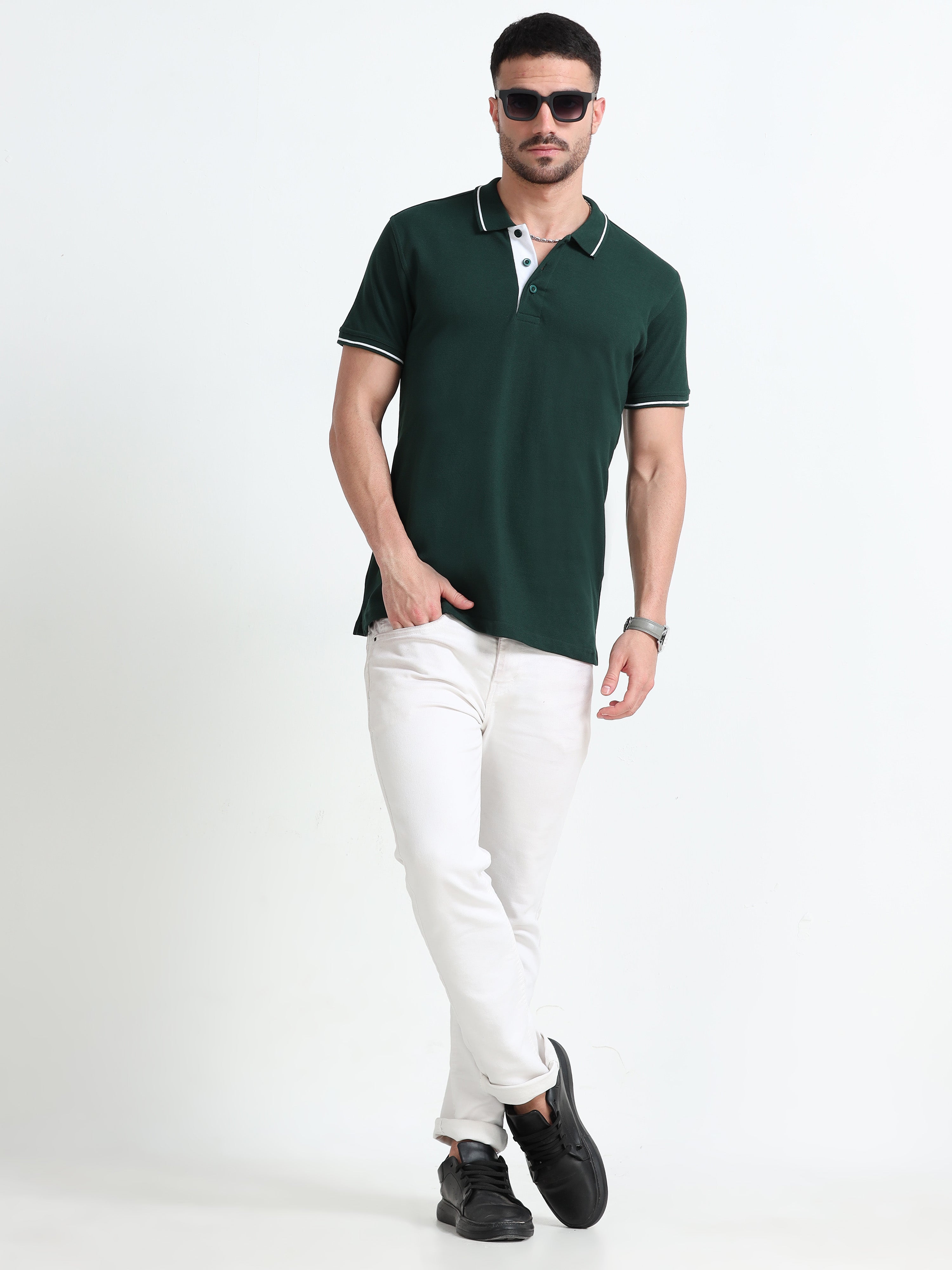 Biowashed Organic Polo - Bottle Green with White Tipping – BlankApparel.in